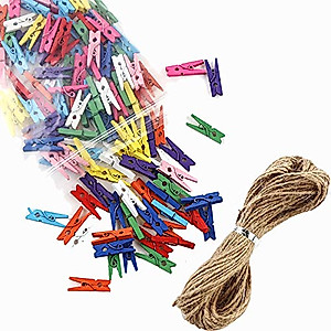 DIYASY 120 Pcs Mini Colored Wood Clothespins,1 Inch Craft Clips Photo Paper Peg Pin with Jute Twine for Photo and Picture Hanging.