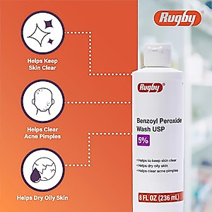 Rugby Benzoyl Peroxide Wash USP 5% - Helps to Clear Acne Pimples and Dry Oily Skin - Acne Medication - 8 Fl. Oz.