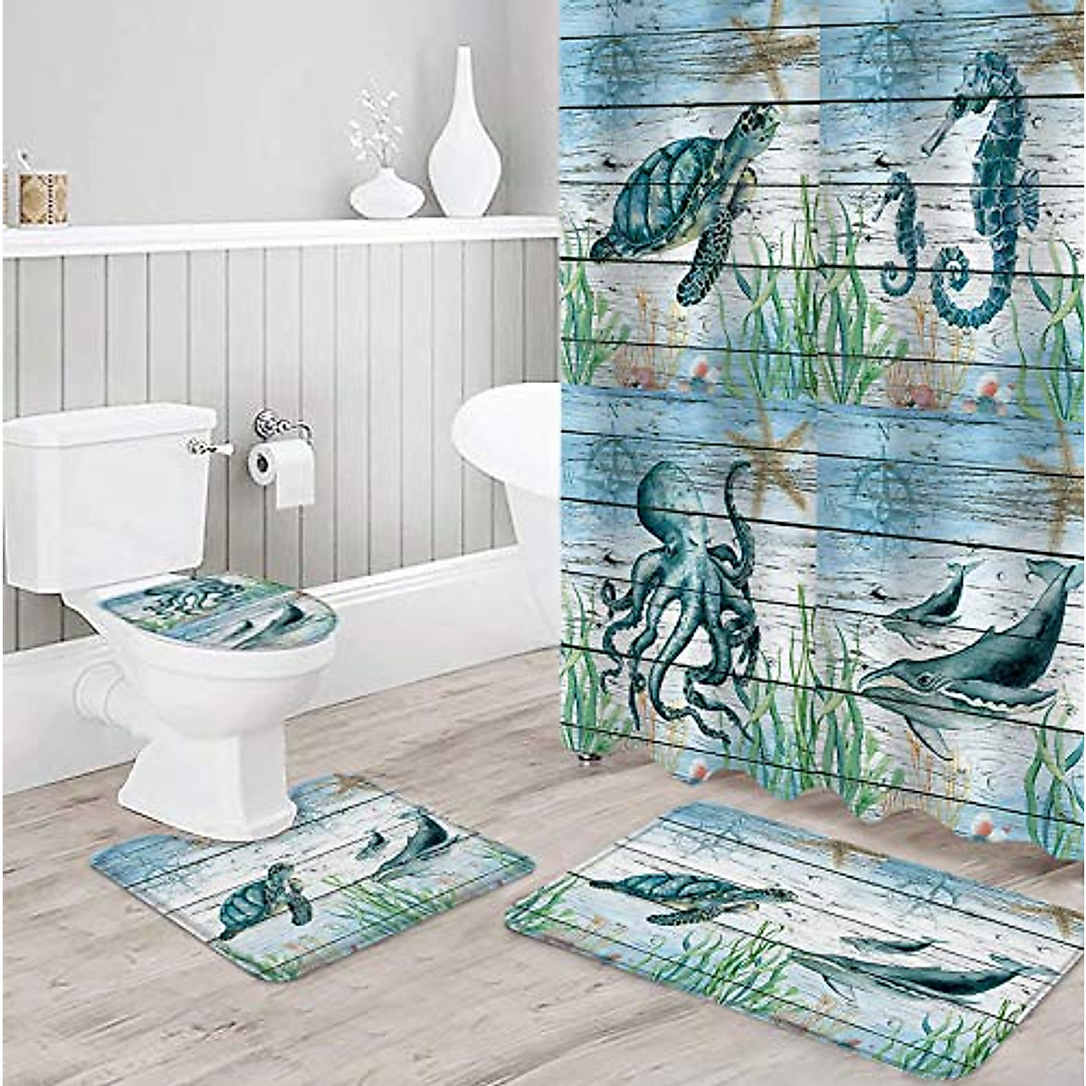 4 Pcs Shower Curtain Set with 12 Hooks Sea Turtle Octopus Whale Wood Grain Bathroom Sets with Non-Slip Bath Mat Toilet Lid Cover Waterproof Durable Shower Curtain and Rugs