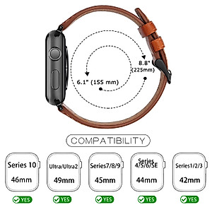 Tasikar Bands Compatible with Apple Watch Band 49mm 46mm 45mm 44mm 42mm Men Genuine Leather Replacement Bands Compatible with Apple Watch Ultra 2 SE Series 10 9 8 7 6 5 4 3 2 1, Classic Brown