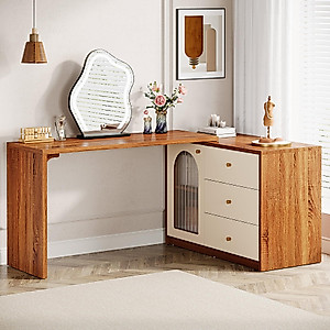 Tribesigns Modern Makeup Vanity, Retractable Large Vanity Desk with 3 Drawers and Cabinet, Makeup Corner Dressing Table for Bedroom, Walnut and White (Without Mirror)