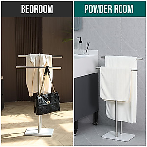 WISATO - Free Standing Towel Rack for Bathroom - Brushed Nickel Finish - Stand Alone 2 Tier Stainless Steel Towel Rack for Bathroom Floor with Heavy Marble Base, Double T Shape Drying Stand for Towels