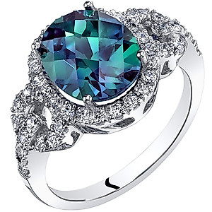 PEORA Created Alexandrite Ring for Women 14K White Gold, Color Changing Large 3.25 Carats Oval Shape 10x8mm, Comfort Fit, Size 6