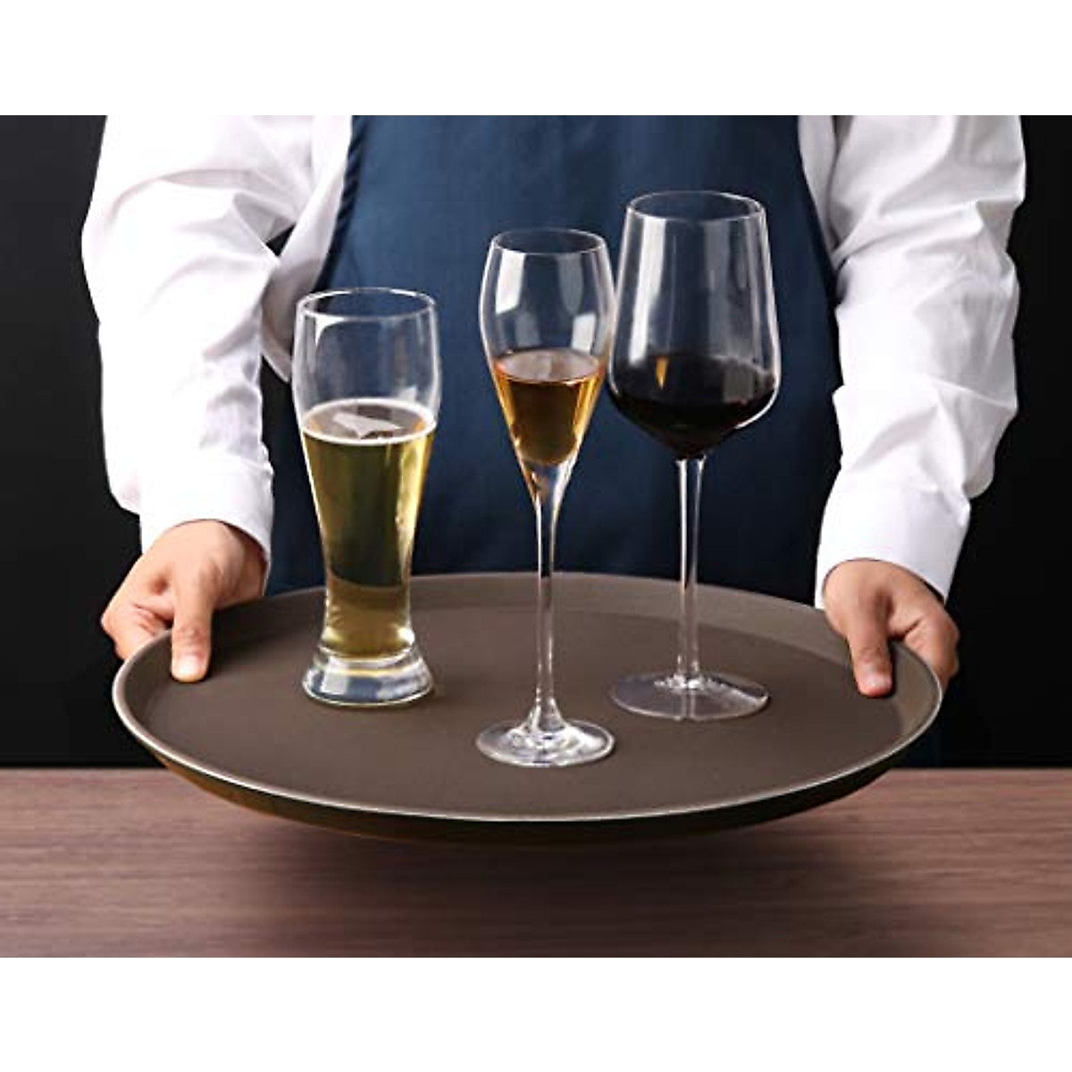 New Star Foodservice 25248 Restaurant Grade Non-Slip Tray, Plastic, Rubber Lined, Round (16-Inch, Brown)