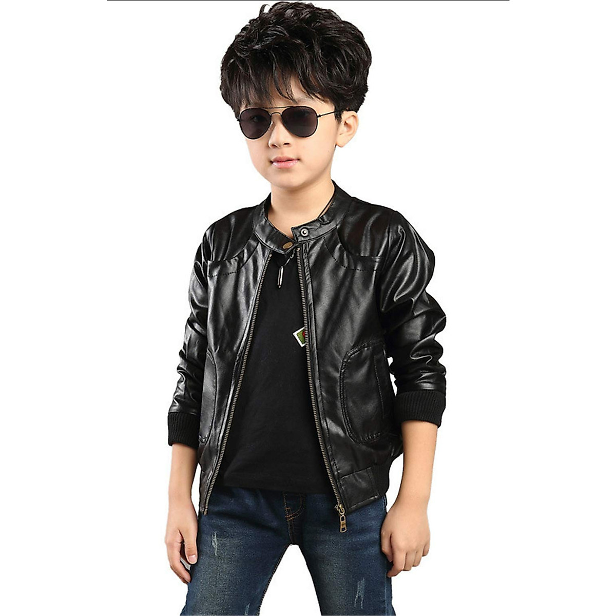 ELUCKFACE Boys Trendy Stand Collar PU Leather Moto Jacket Leather Coat Black 8-9Years