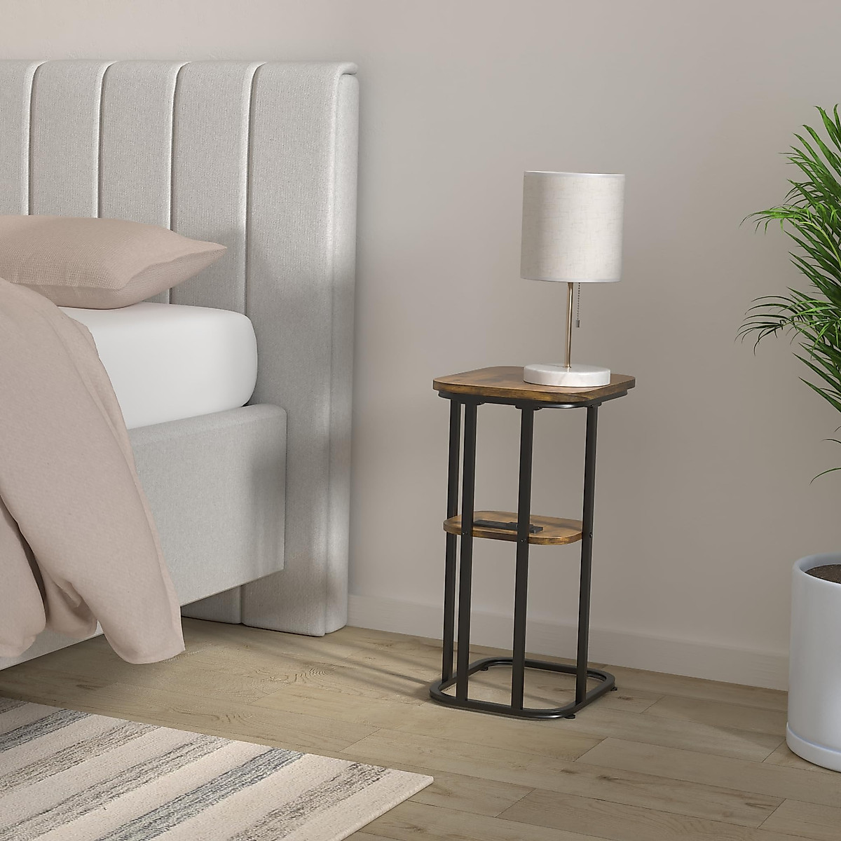 Allinside C Shaped End Table with Charging Station, 2-Tier Side Table with Storage Shelf Large Laptop TV Snack Tray Ideal for Couch, Sofa Slide Under, Bedside, Small Spaces (2 USB Ports & 2 Outlets)