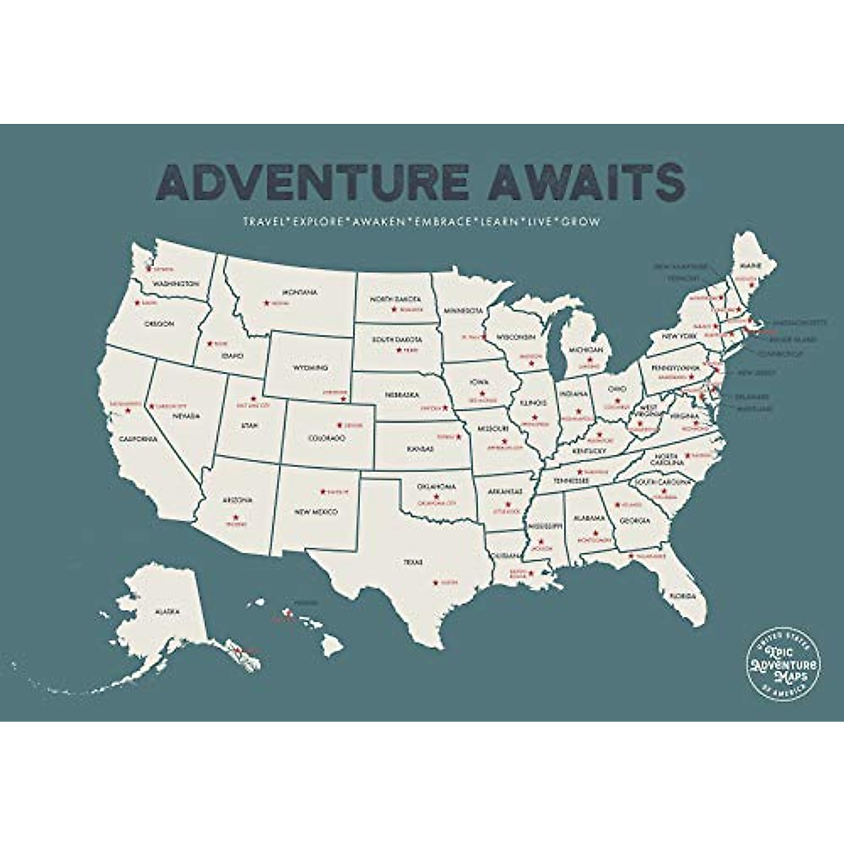 Epic Adventure Maps The United States Push Pin Map 24" x 17" - Unframed Travel Map to Mark Your Travels Around The USA - Multicolored Pushpins Included
