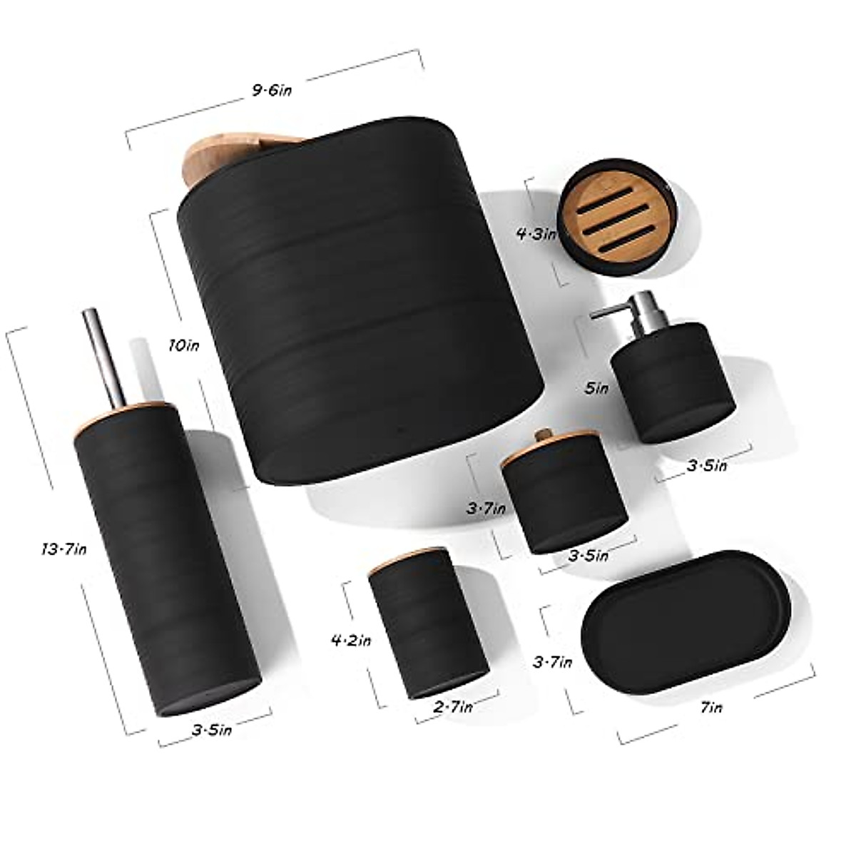 Bamboo Bathroom Accessories Set with Trash Can, Vanity Tray,Tumbler, Qtip Holder, Soap Dispenser, Soap Dish, Toilet Brush,Black