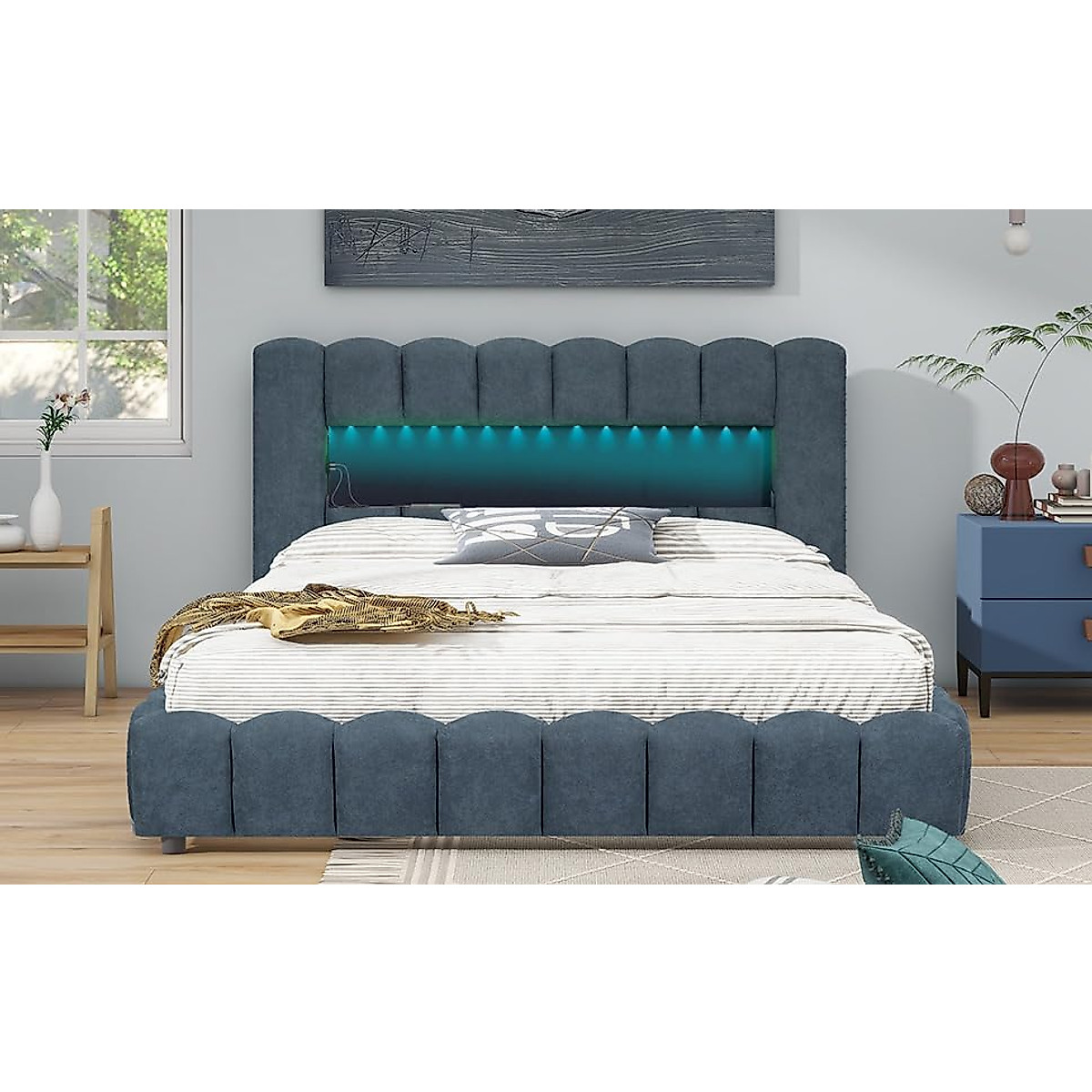 FEELHOME Queen Size Lift Up Storage Bed/Button Tufted Wingback Headboard/Hydraulic Storage/Upholstered Platform Bed Frame/No Box Spring Needed/Wood Slats Support/Light，Deep Blue