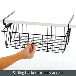 mDesign Large Metal Wire Hanging Pullout Drawer Basket - Sliding Under Shelf Storage Organizer - Attaches to Shelving - Easy Install - Black