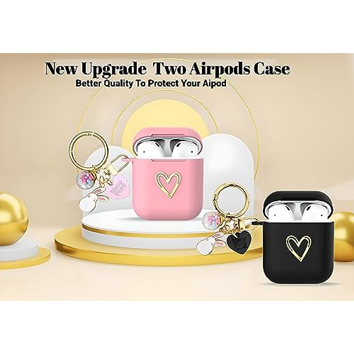 REDX1 [2 Pack] Airpods Case Gold Heart Design Protective Cover with Lucky Ball Keychain Accessories,Soft TPU for Women,Girl,Teen Compatible with Airpods 1&2nd Generation (Black,Pink)