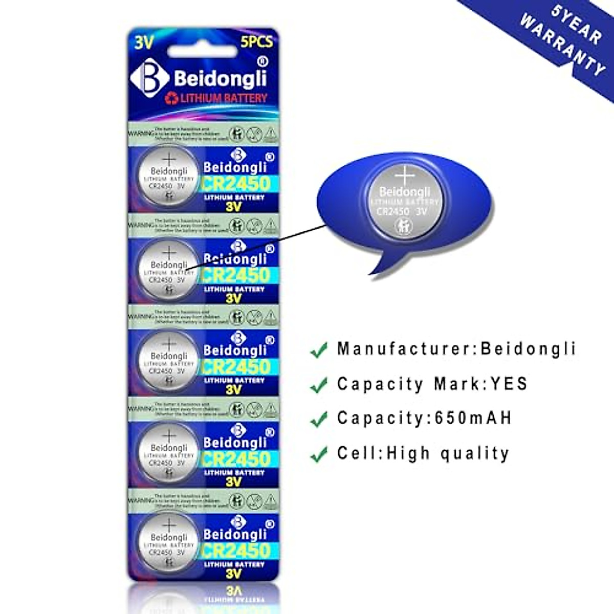 Beidongli CR2450 Battery 3V CR2450 Lithium Batteries (10 Count)