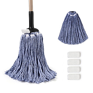 Eyliden String Mop with 2 Reusable Heads, Non-Touch Replacement Mops for Floor Cleaning, 4 Scouring Pads Adjustable Handle Floor Mop, Wet and Dry Cotton Mop for Any Surfaces, Commercial Home, Blue