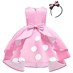 IBTOM CASTLE Girls Polka Dot Halloween Christmas Princess Party Cosplay Pageant Fancy Costume Tutu Birthday Dress up+ Mouse Ears Headband Vacation Ladybug Mini Theme Park Sundress Hilow-Pink 2-3T