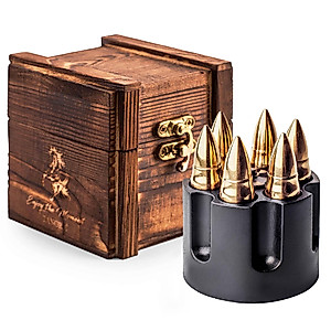 Golden Whiskey Stones Extra Large 6 Laser Engraved Stainless Steel Bullets with Revolver Barrel Base Reusable Chilling Rocks Stone Ice Cubes Chillers Birth Day Gift Set for Father's Day, Military Man.