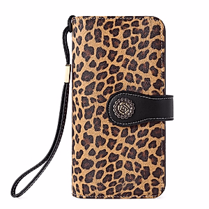 CLUCI Wallet for Women Leather Large Capacity Purse Wristlet Clutch RFID Blocking Credit Card Holder with ID Window Leopard