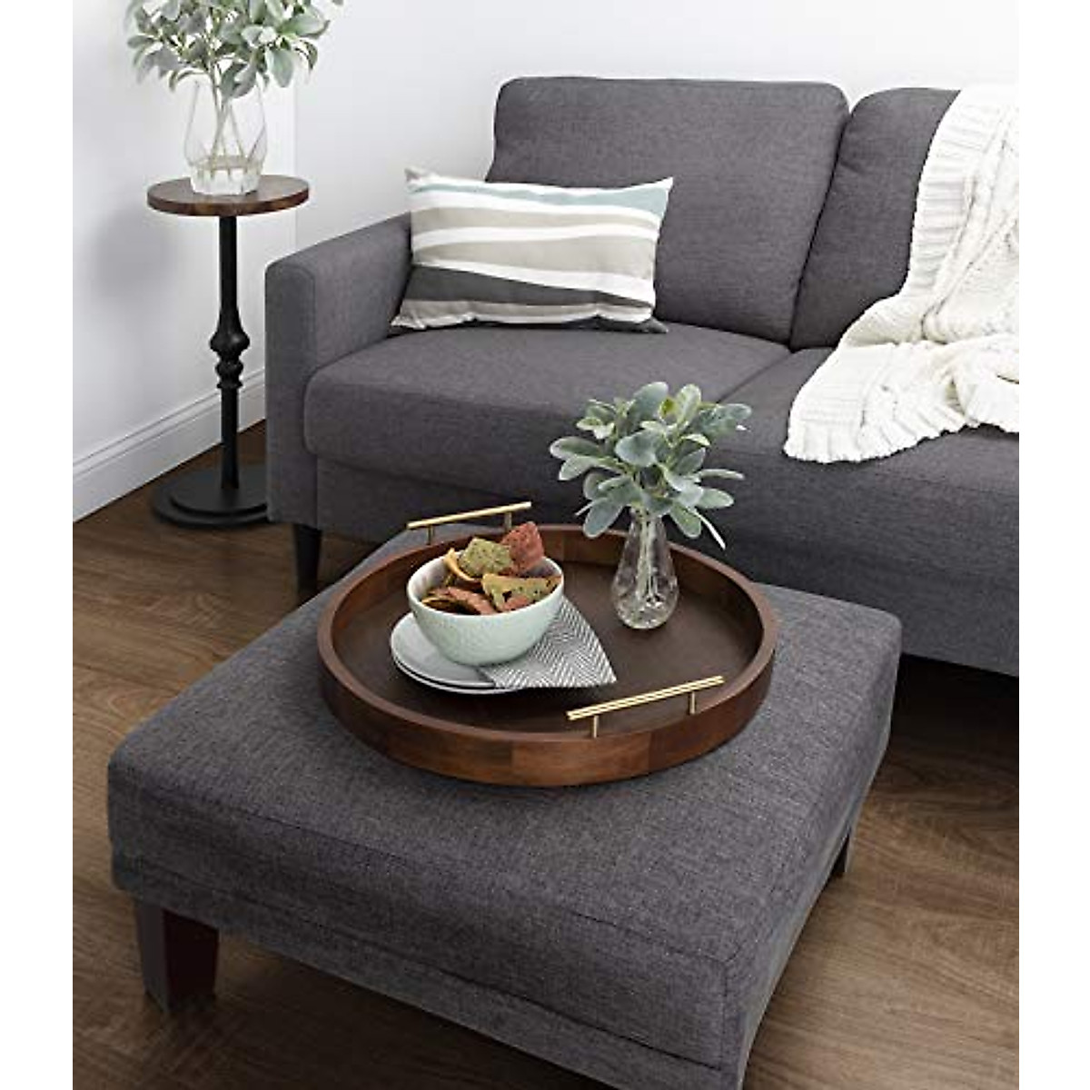 Kate And Laurel Lipton Modern Round Tray, 18", Dark Walnut and Gold, Decorative Accent Tray for Storage and Display