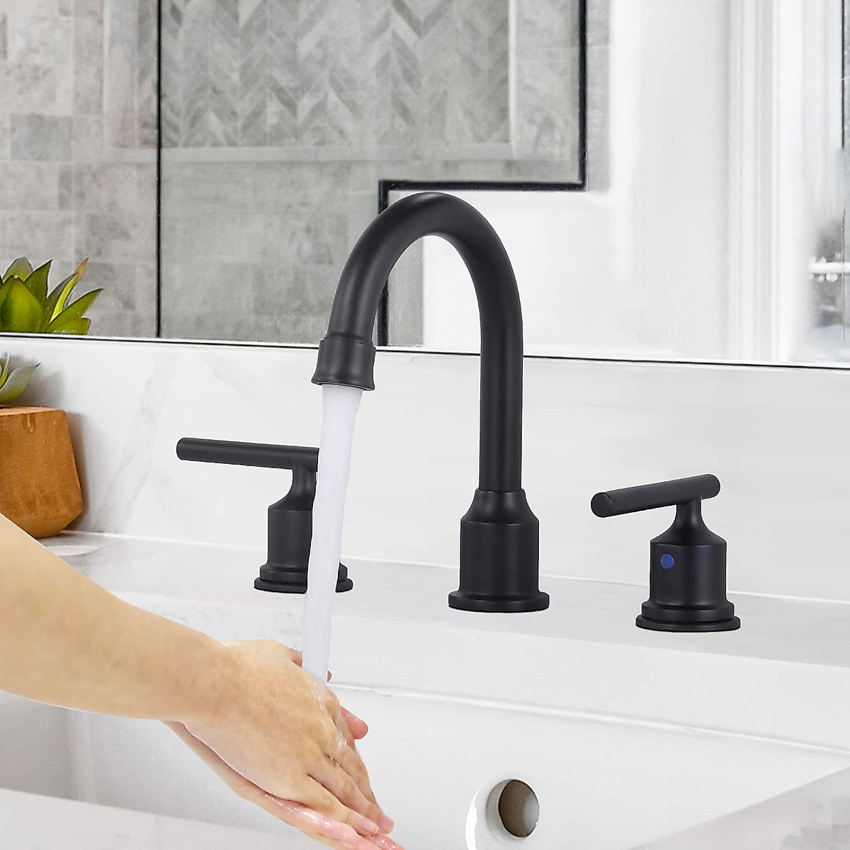 WOWOW 2 Handle Bathroom Faucet Matte Black Bathroom Sink Faucet Widespread Faucet with Pop Up Drain Brass Bathroom Faucet 3 Hole Vanity Faucet 8 Inch Basin Faucet
