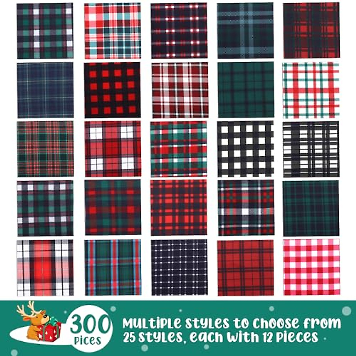 Preboun 300 Pcs 5 x 5 Inches Christmas Plaid Buffalo Check Fabric 25 Styles Buffalo Plaid Fabric Squares Polyester Fabric Scraps Quilting Squares for DIY Christmas Sewing Quilting Patchwork