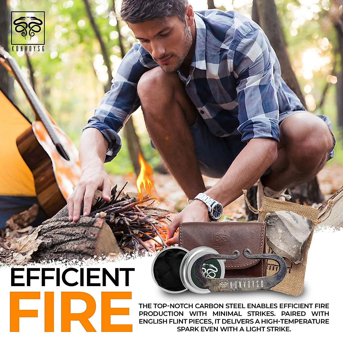 KonvoySG Carbon Steel Fire Striker, English Flint Stone & Char Cloth Traditional Hand Forged Fire Starter, Leather Gift Kit with Emergency Tinder Jute Bag (Cognac)