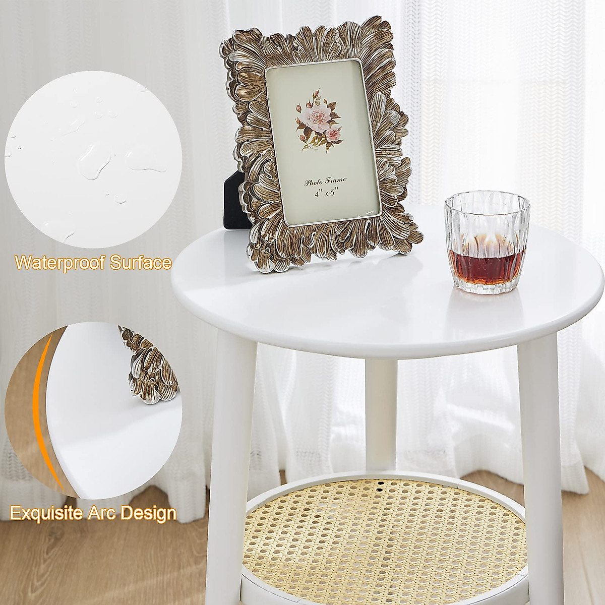 Apicizon 2 Tier Round Side Table, White Rattan Nightstand Bedside Table with Storage, Boho End Table for Living Room, Bedroom, Small Spaces, Easy Assembly, 15 x 19.3 Inches