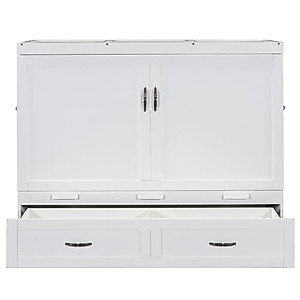 WADRI Full Size Murphy Bed with USB Port and a Large Drawer, Wood Mobile Murphy Chest Bed, Muti-Functional Cabinet Bed for Home Office or Small Room (White-Full-32)