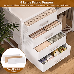 Cyclysio Small Clothes Rack with 4 Drawers, Reversible Garment Rack with Storage Shelves & Charging Station, Freestanding Closet System Organizer with 2 Hooks for Small Spaces, White