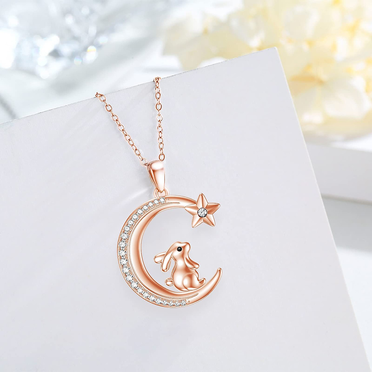 Aututer Bunny Necklace Sterling Silver Rabbit Necklace Crescent Moon Necklace with Star Bunny Jewelry for Women Teen Girls Animal Themed Gifts Back to School Gifts