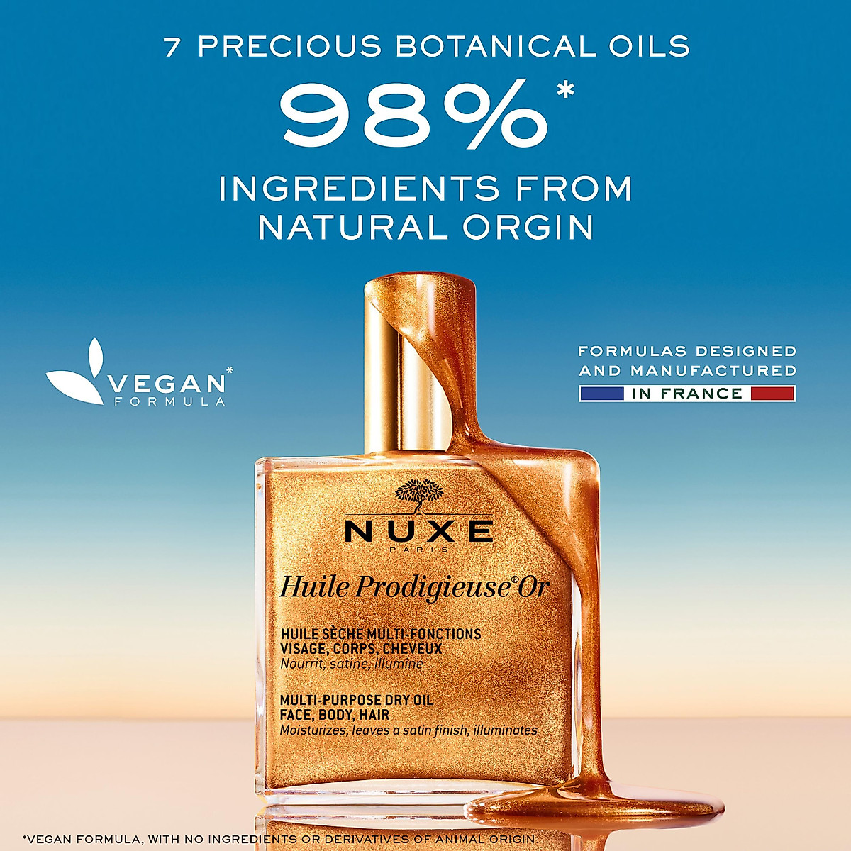 NUXE Huile Prodigieuse Shimmer Multi-Purpose Dry Oil - Luxurious Radiant Glow and Hydration for Face, Body & Hair, 1.6 Fl Oz