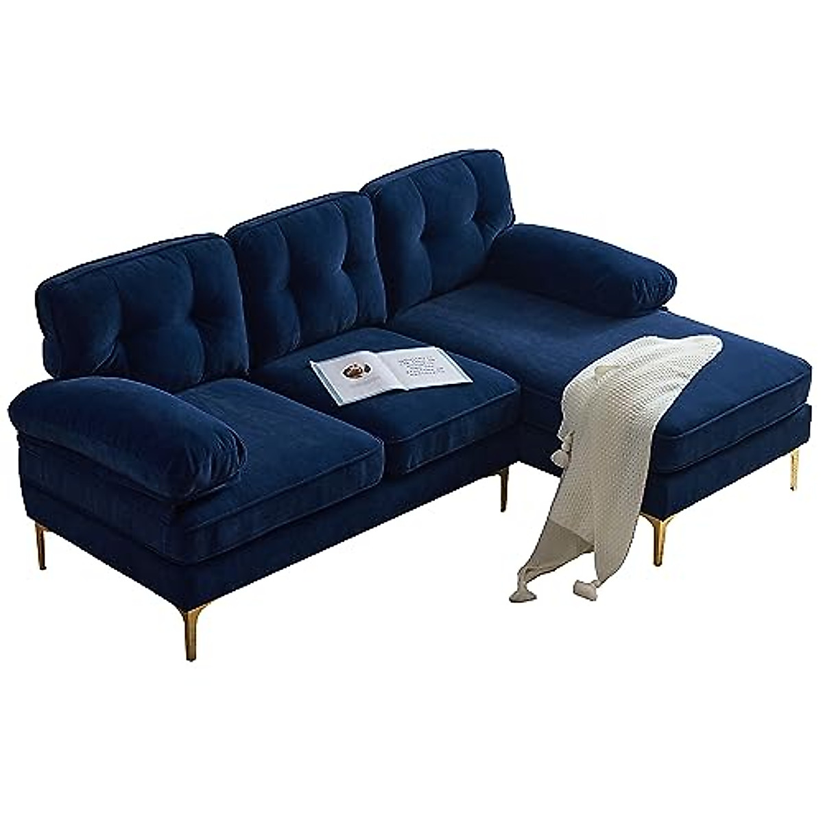 Eafurn Button Tufted Velvet Sectional, L-Shape Corner Extra Wide Chaise Lounge and Arm-Pillows, Right Hand Facing Comfy Sofa & Couches for Living Room,Up to 3 Seating Capacity, Blue 83"