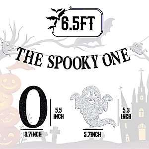 The Spooky One Banner, Halloween 1st Birthday Bunting Sign, Halloween Ghost Bat 1st Birthday/Baby Shower Party Decoration Supplies for Girl Boy, Black Glitter