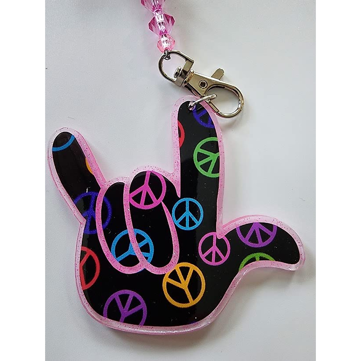 PEACE AND LOVE PINK GLOW IN THE DARK BEADED REAR VIEW MIRROR HANGINGE CAR CHARM - HANDMADE - FREE STANDARD SHIPPING