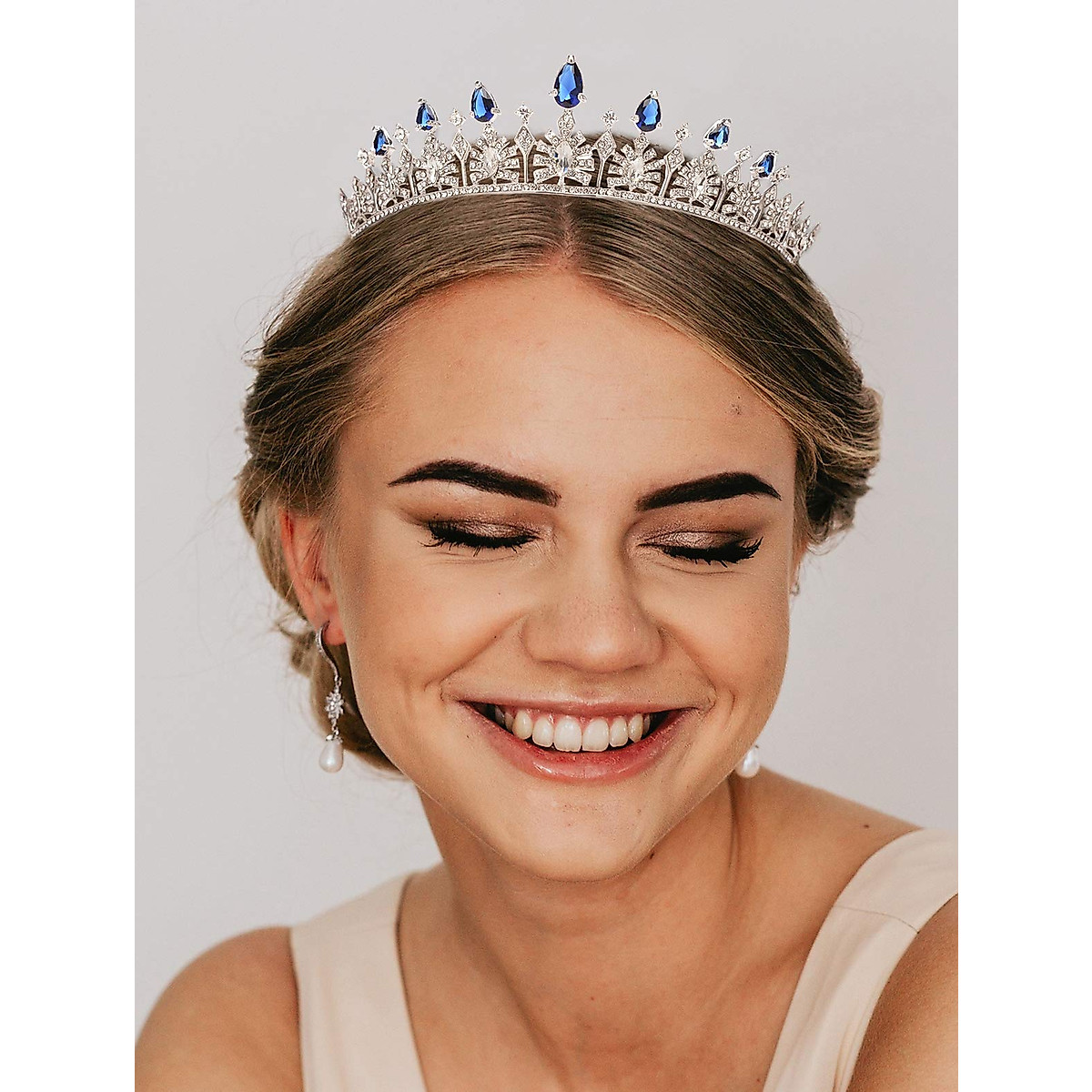 SWEETV Cubic Zirconia Wedding Tiara for Bride & Flower Girls - Princess Tiara Headband Bridal Crown, Bridal Hair Accessories for Women, Royal Blue