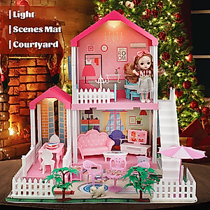 Doll House Dollhouse for Girls,STEM Dollhouse Building Toys with Play Mat,Lights,Furniture,Accessories,Doll,Pets,Pretend Play House Present for 3 4 5 6 7 Year Old Kids Girls (3 Rooms Playhouse)