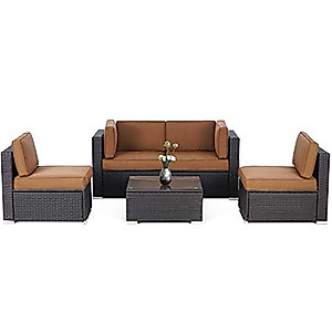 SUNCROWN 5-Piece Outdoor Patio Furniture Sofa Set All-Weather Wicker Sectional Sofa Couch Conversation Sets with Washable Cushions and Coffee Table (Brown)