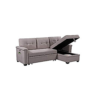 Acosure 84" Reversible Sectional Sofa with Two USB Charging Ports and Pocket,Pull-Out Sleeper Bed W/Storage & Tufted Seat,Easy to Install,for Apartment,Bedroom,(Light Gray)