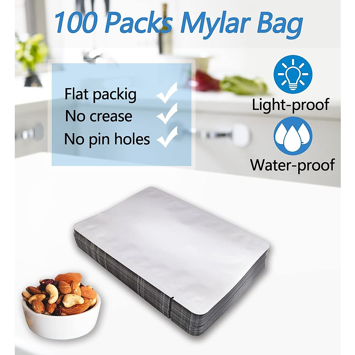 100 Pieces 2 Quart Mylar Bags 8 x 12 Inch, 5 Mil Mylar Bags for Food Storage Coffee Tea Beans Dry Food, Thick Sealable Mylar Bag 2 Quart