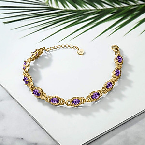 Gem Stone King 18K Yellow Gold Plated Silver Oval Purple Amethyst Tennis Bracelet For Women (8.55 Cttw, Gemstone Birthstone, 7 Inch With 1 Inch Extender)