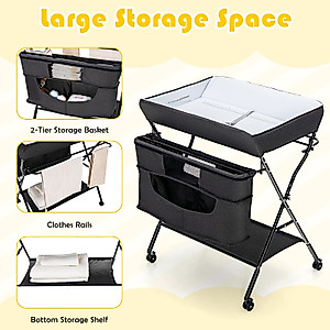 Costzon Baby Changing Table, Adjustable Height Portable Diaper Station w/Lockable Wheels, Safety Belt, Large Storage Rack & Bag, Folding Nursery Station for Infant Newborn (Black)