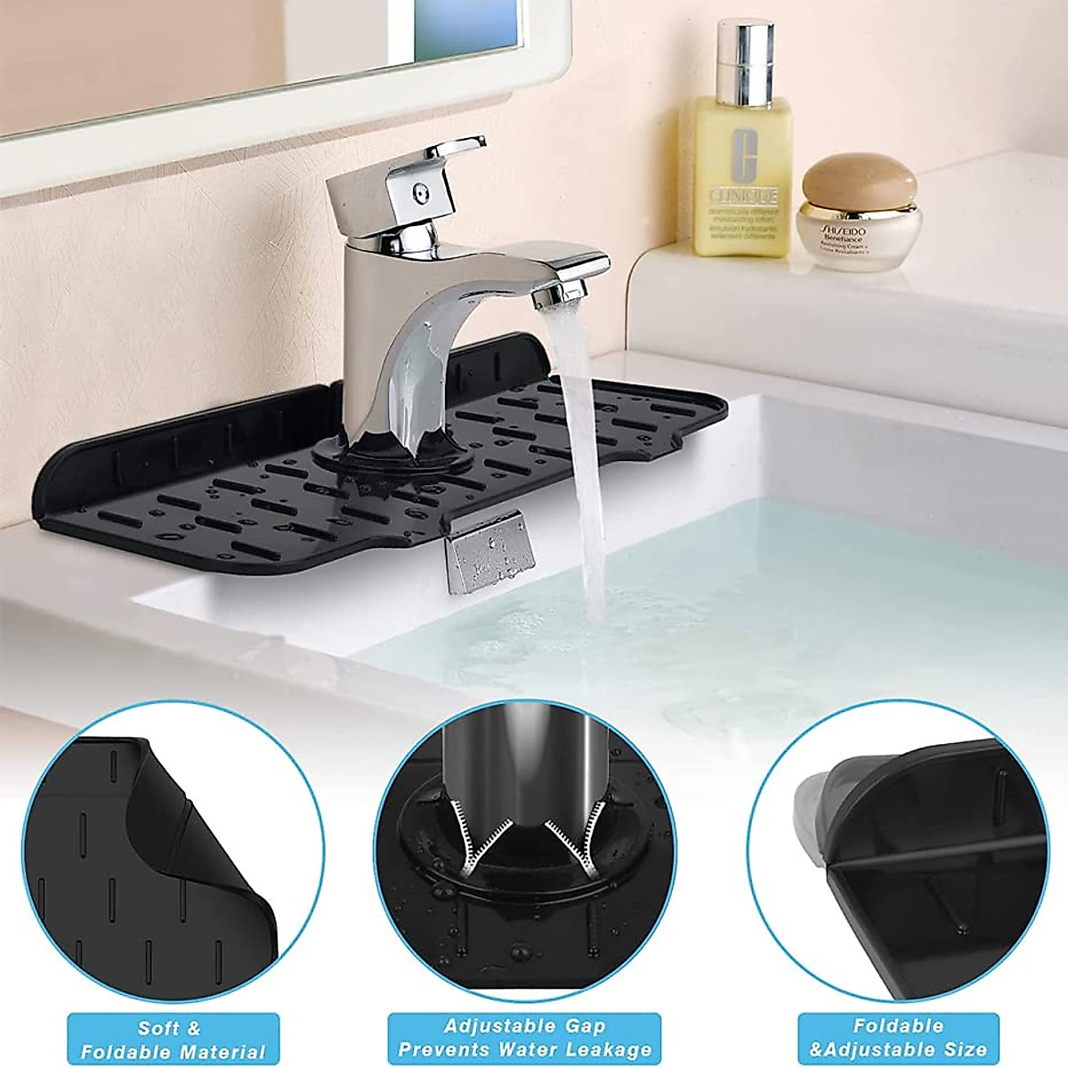 Silicone Sink Splash Guard with Dish Soap Sponge Holder, Bathroom Faucet Water Catcher Mat, Absorbent Drain Drying Pad, Mat Self Draining Drip Catcher, Black, 14.6 x 5.5 x 4.3, (J-BLACK)