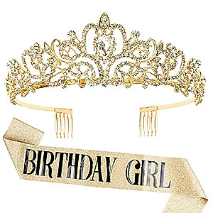 Aprince Birthday Crown & Birthday Girl Sash Set, Rhinestone Tiaras and Crowns for Women Girls Gold Tiara Birthday Gold Sash Princess Tiaras Queen Crowns for Birthday Prom Photoshoot
