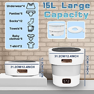 Portable Mini Washing Machine, 15L Collapsible Washer Machine, Foldable Underwear Washing Machine with Spin, Small Portable Washer and Dryer Combo for Apartments, Camping, Travel. (Grey)