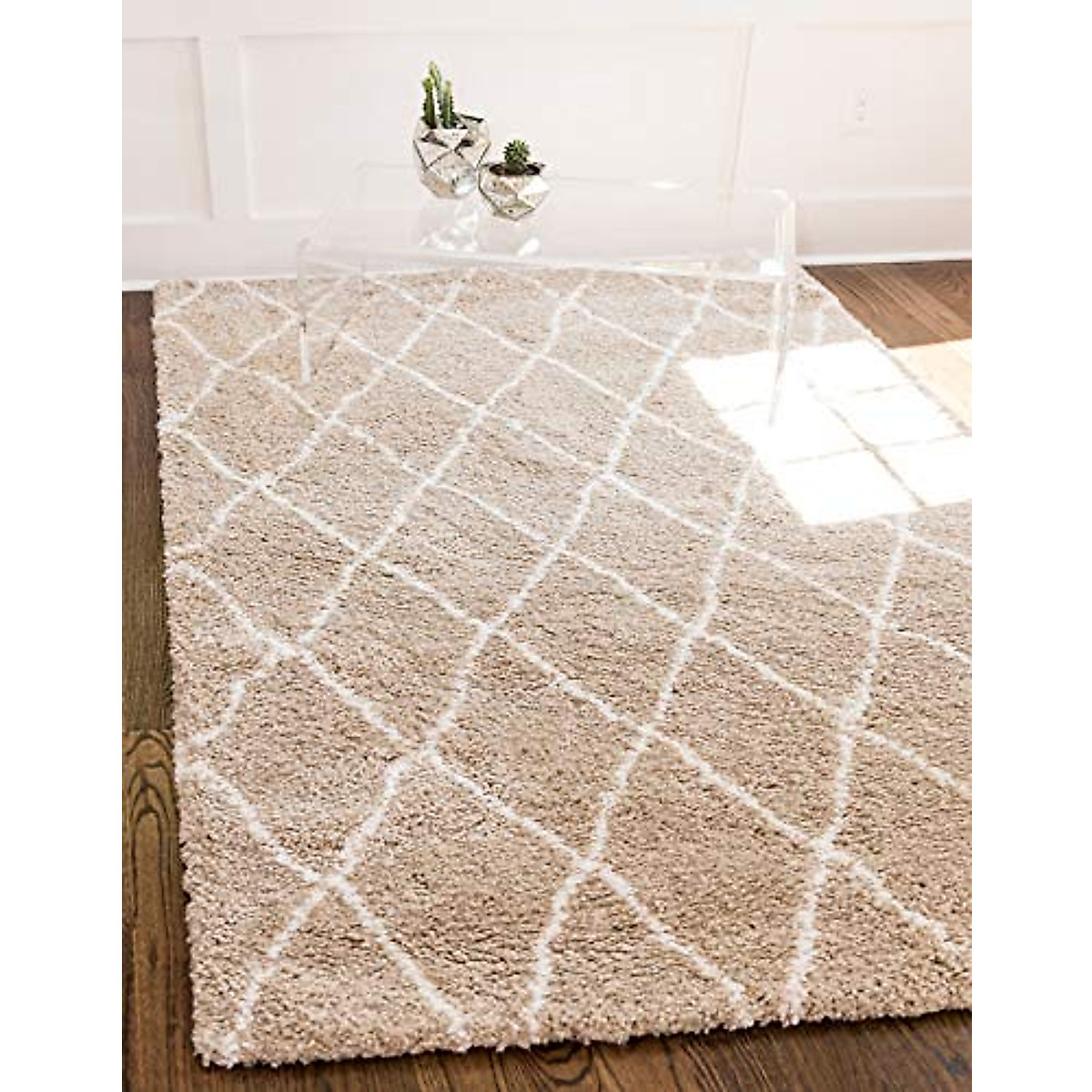 Unique Loom Rabat Shag Collection Modern Tribal Moroccan Inspired Plush & Soft Geometric Design Area Rug (5' 0 x 8' 0 Rectangular, Taupe/ Ivory)