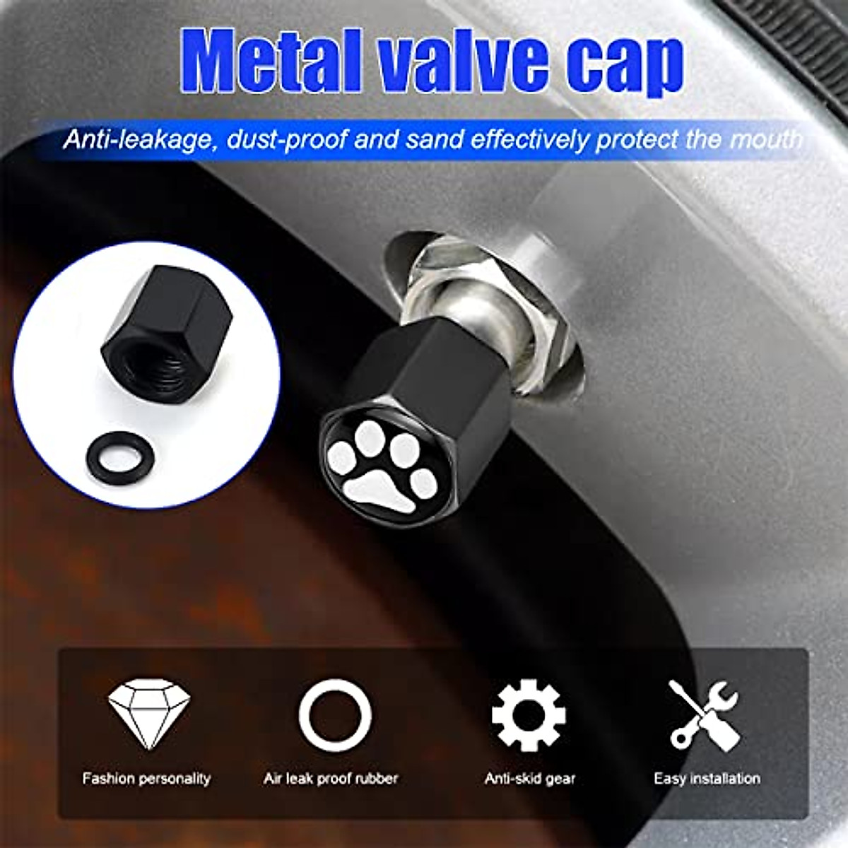 4 PCS Bear's Paw Car Wheel Tire Valve Stem Caps, Airtight Dust Proof Leak Proof Covers, Stainless Steel Corrosion Resistant Tire Decorations, Car Accessories for SUV Motorcycle Bicycle (Black)
