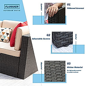 Flamaker 2 Pieces Patio Furniture Set Outdoor Loveseat All Weather PE Rattan Sofa Chair Set Corner Sofa Armless Sofa with Padded Soft Cushion (Beige)
