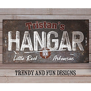 Personalized Hangar Airplane Print - Custom Print with Name and City State, Pilot Name Print and Aviation Sign, Antique Airplane Decor and Man Cave Gift, Rustic Metal Style Canvas Print 12x24