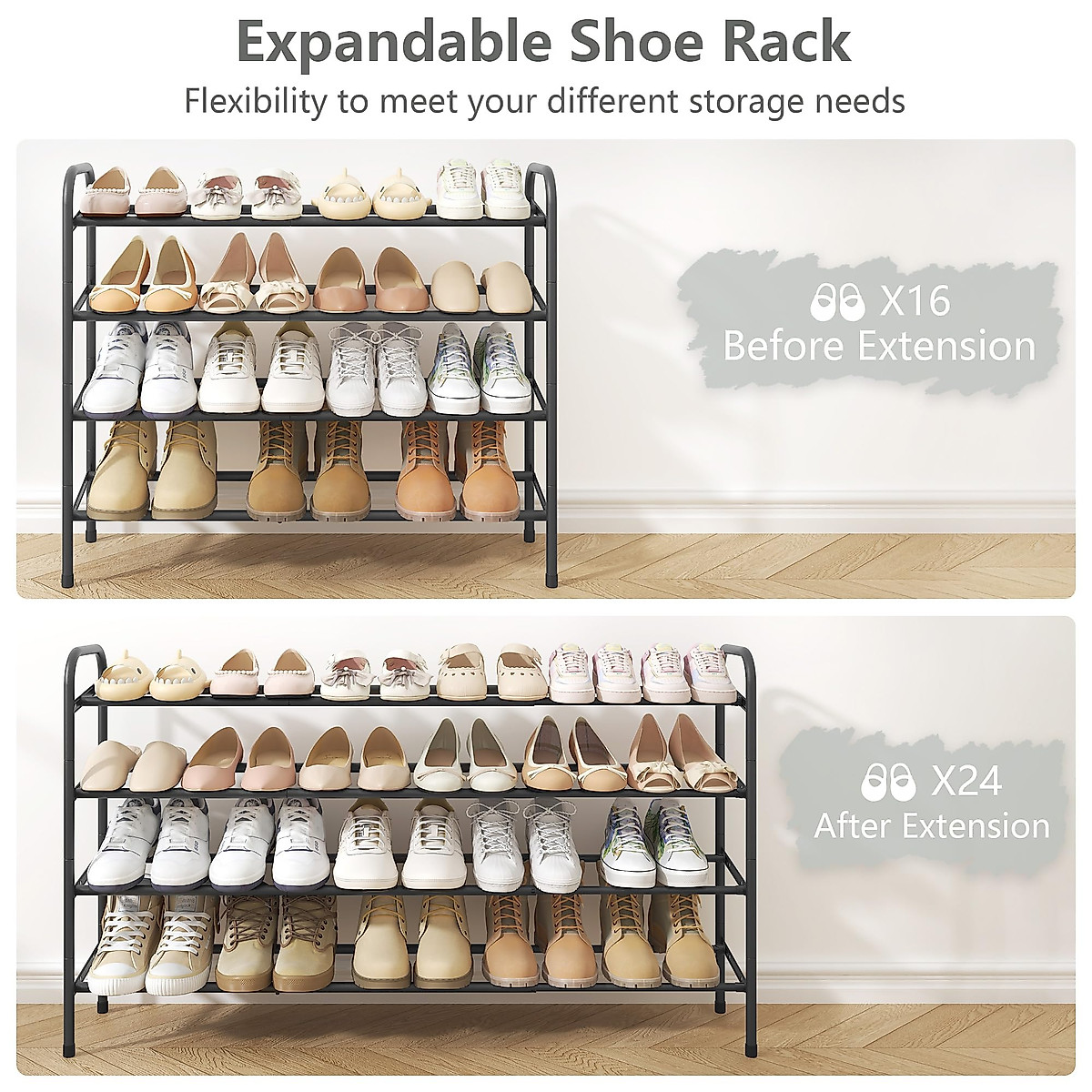 Gewudraw 4-Tier Shoe Rack Expandable, Width Adjustable Shoe Shelf Storage Organizer, 41.53'' Metal Standing Shoe Rack for Bedroom Entryway Closet, Holds up to 24 Pairs Shoes, Black