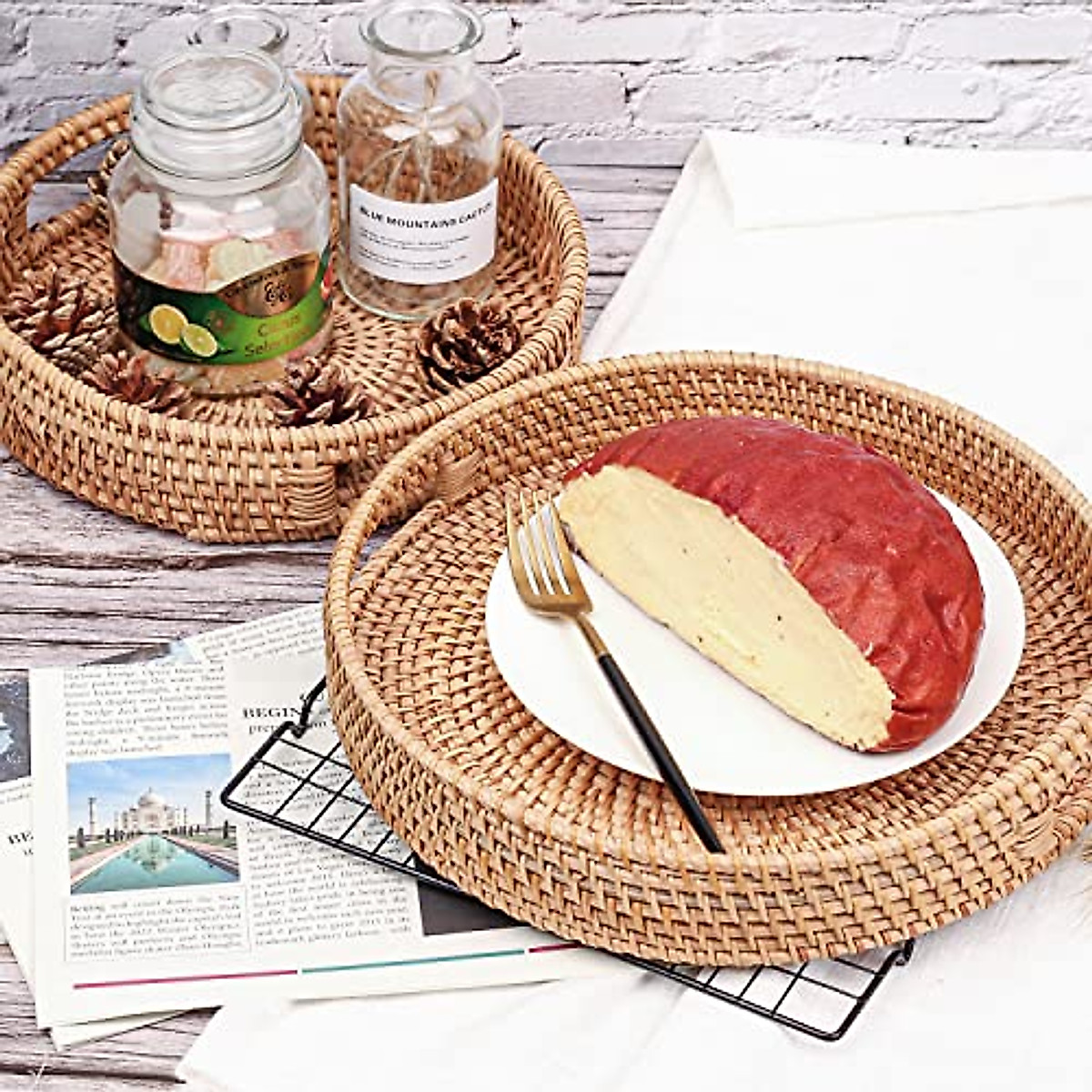 Rattan Round Serving Tray with Handles Large Hand Woven Wicker Basket Tray for Food,Dinner,Breakfast,Coffee Table,Ottoman (Set of 2)