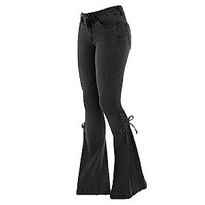 Maiyifu-GJ Lace-up Bell Bottom Denim Pants for Women Bandage Drawstring Legs Flared Jeans Mid Waisted Bootcut Slim Jean Trouser (Black,X-Large)