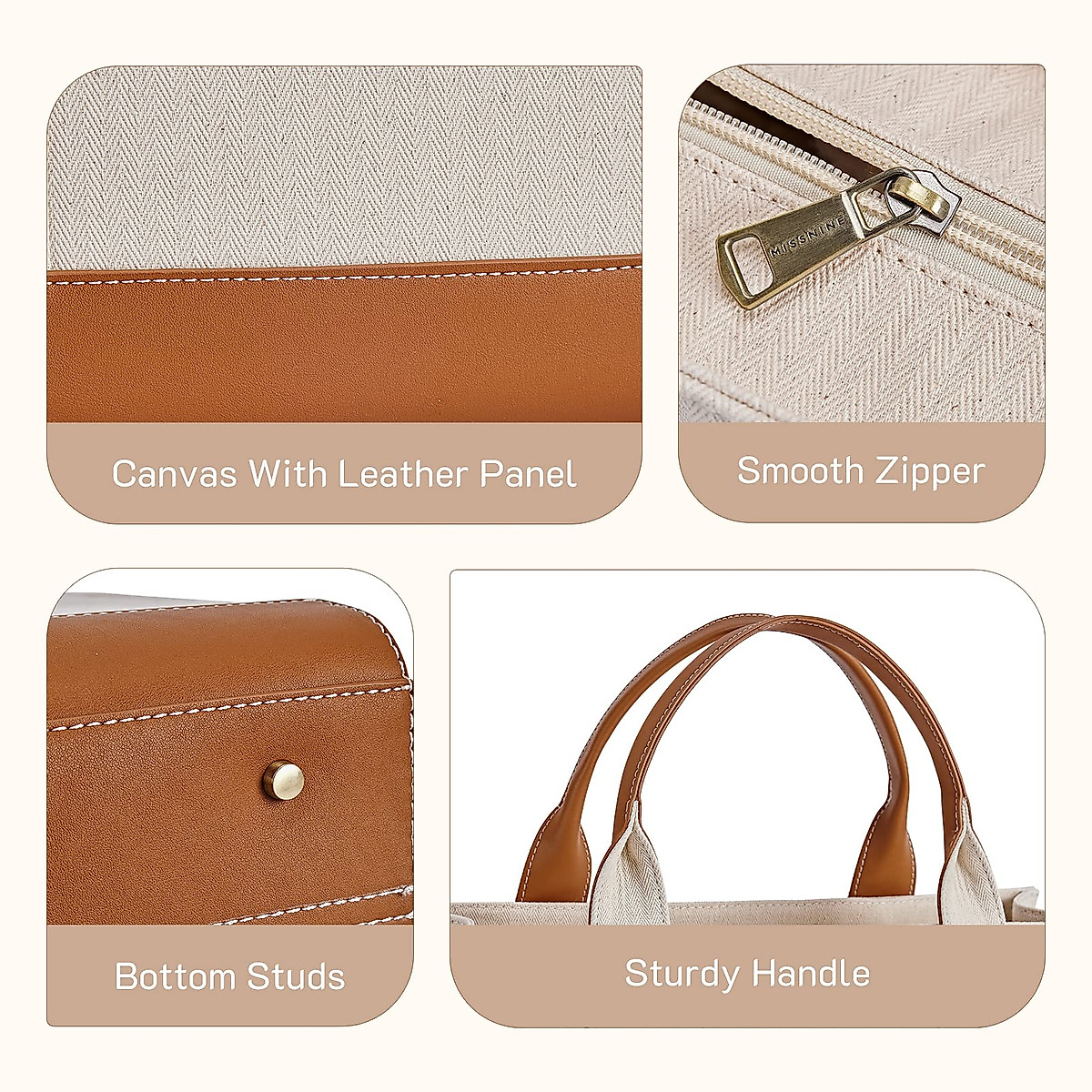 Missnine Tote Bag Canvas Laptop Bag 15.6 inch Briefcase for Women Large Capacity Handbag for Office, College, Travel (Brown+Beige)